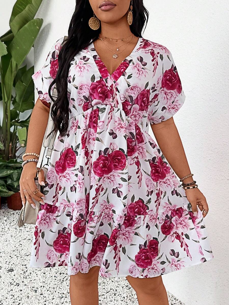 SHEIN LUNE Plus Size Women Rose V-Neck Ruffle Hem Casual Summer Dress ...