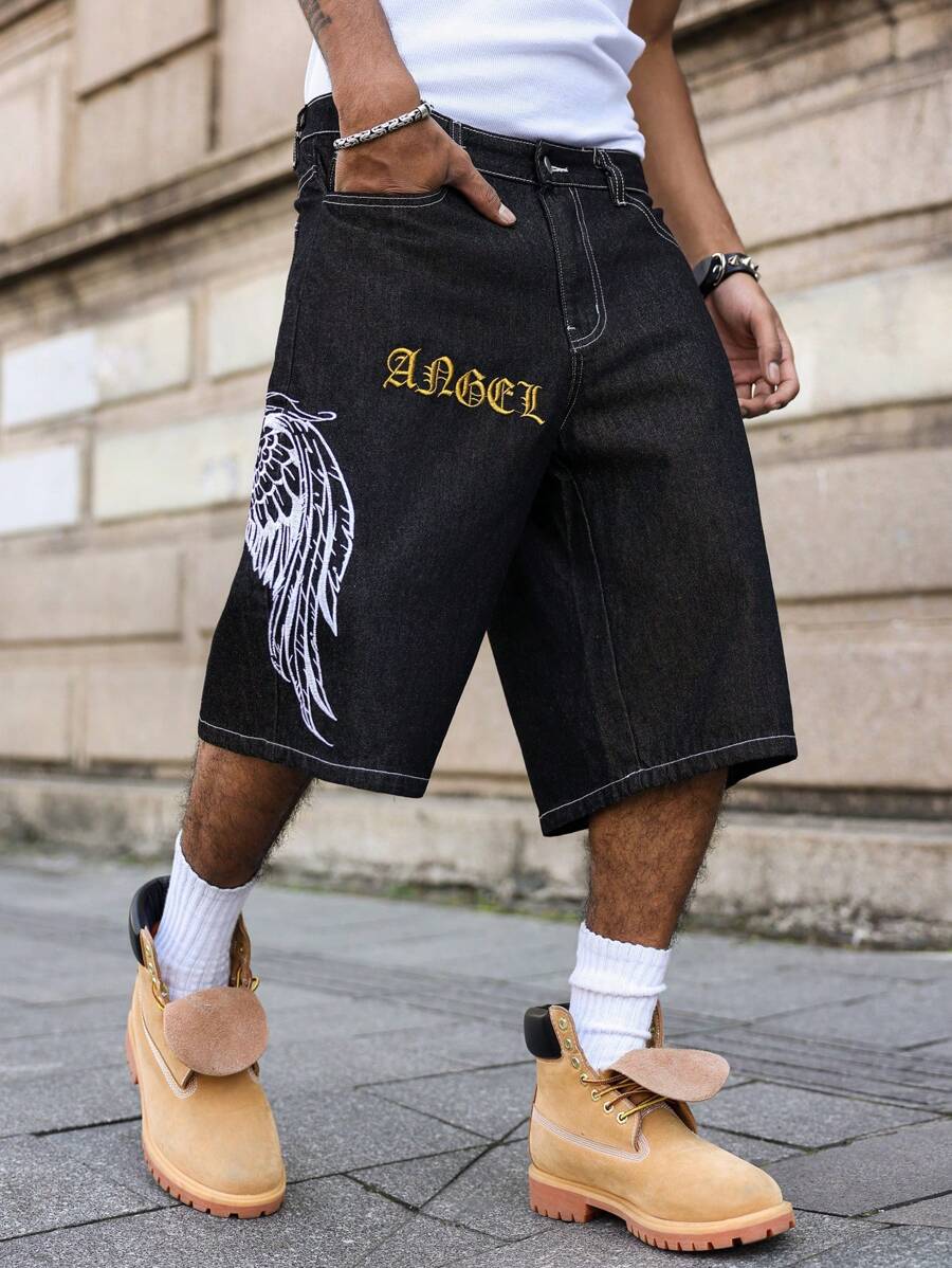 Manfinity EMRG Men's Dark Black Washed Gothic Embroidered Loose Street Style Shorts | SHEIN USA