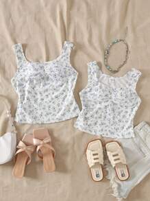 SHEIN Leap Crew Tween Girl Ribbed Micro Ditsy Floral Front Ruffle ...