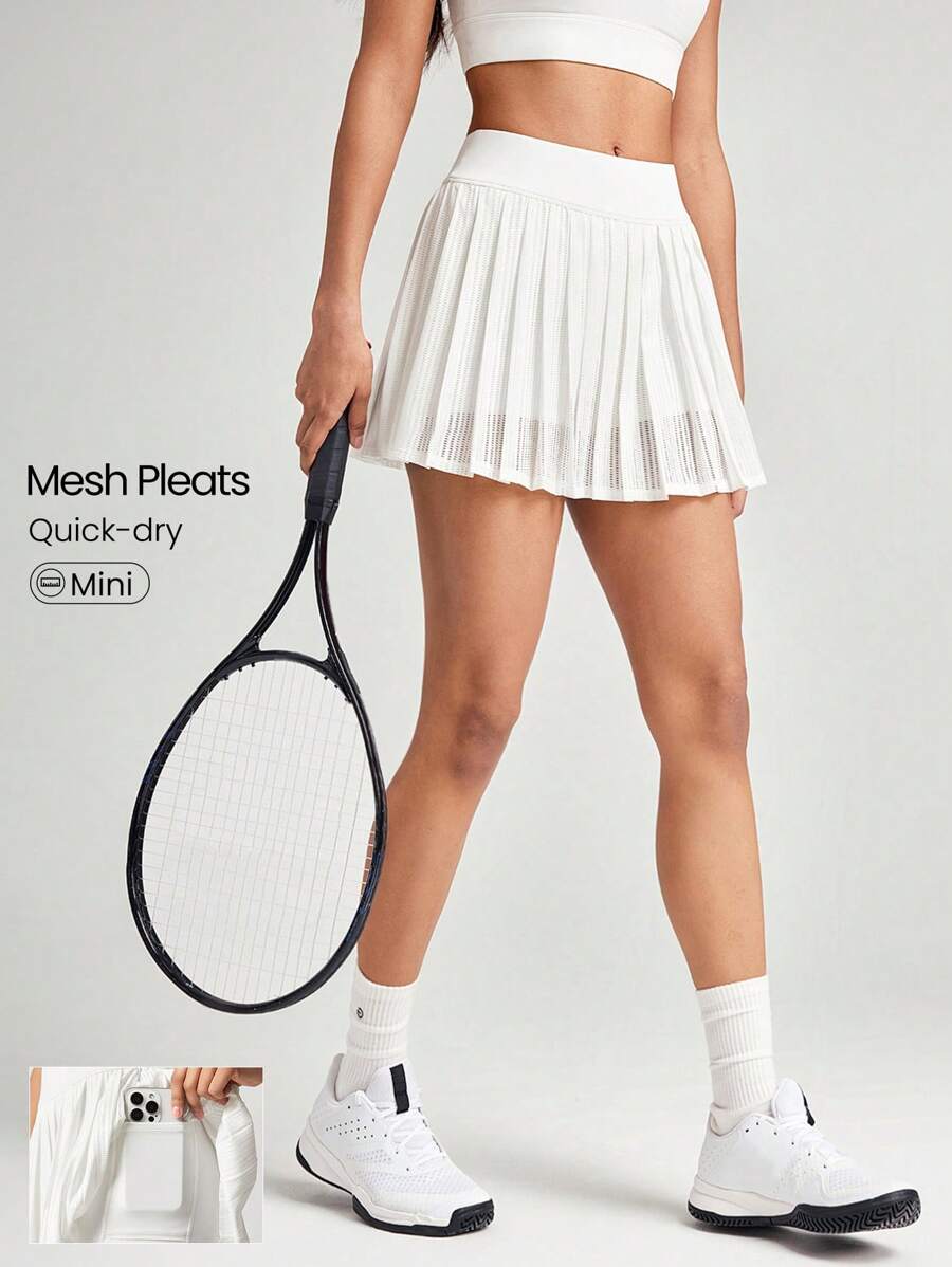 GLOWMODE Quick-Dry Mesh Panel Pleated Mini Skirt With Built-In Shorts Side Pockets Non-Slip ...