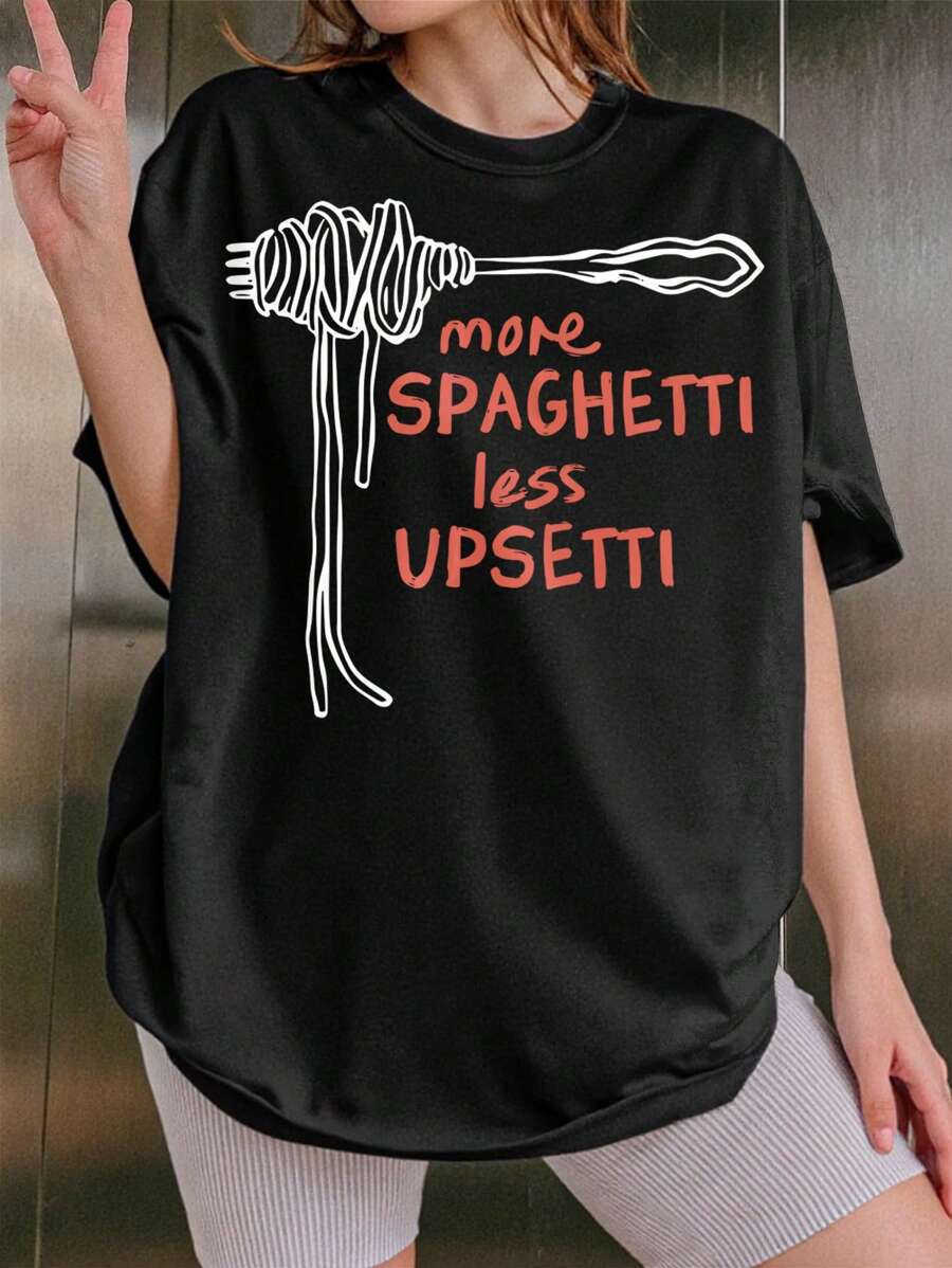 INAWLY Women Retro Pasta Graphic Loose Fit Crew Neck Short Sleeve T ...
