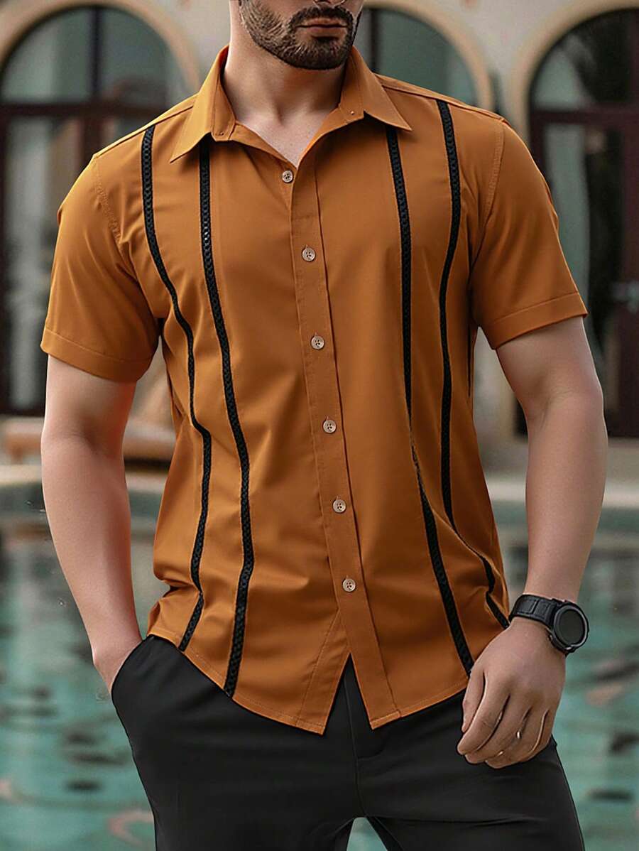 Manfinity RSRT Men's Summer Casual Patchwork Ribbon Front Button Short ...