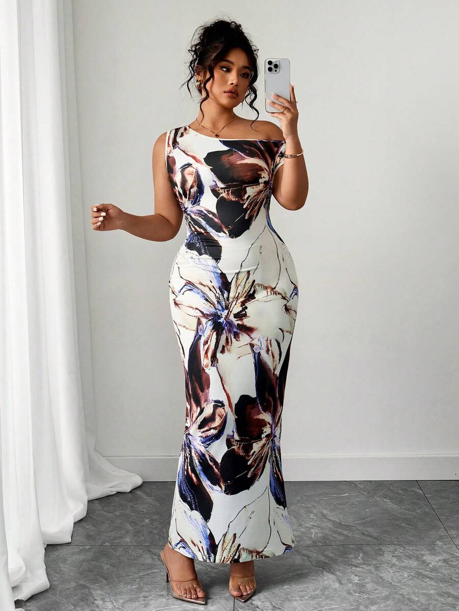 Elenzga Off-Shoulder Floral Print Retro Elegant Slim Fit Dress Casual ...