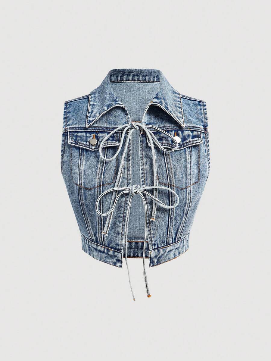 Sweetra Colete/jaqueta jeans casual feminino com amarração frontal ...