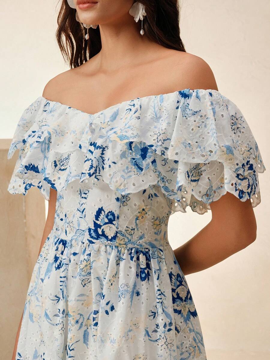 Anewsta Women's Elegant Beach Vacation Off Shoulder Ruffle Trim Hollow Floral Embroidered Midi ...