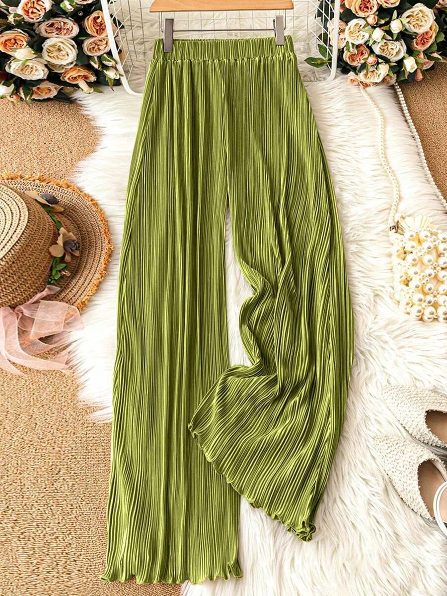 SHEIN PETITE Standaardmaat dames effen geplooide rechte broek | SHEIN ...