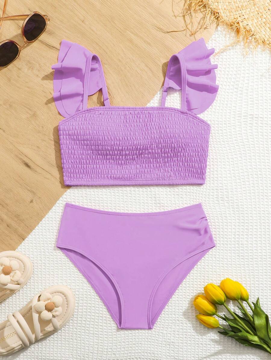 Tween Girls Solid Color Halter Ruffled Tankini Swimsuit Set | SHEIN USA