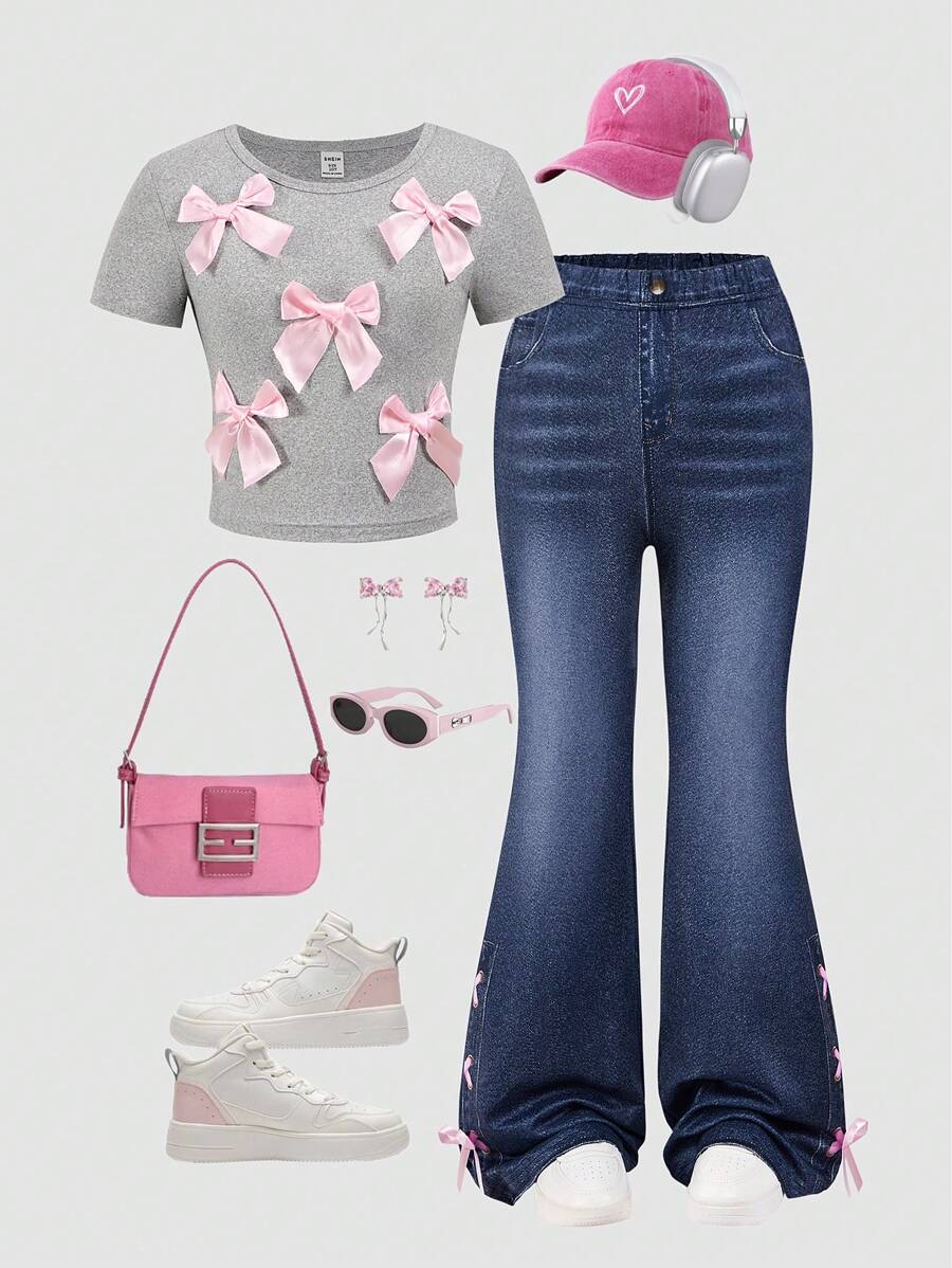 Tween Girls Y2k Cute Style 3D Bow Crop Top + Denim Effect Pink Tie ...