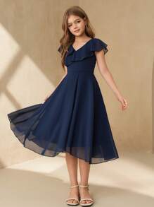 SHEIN Tween Girl Elegant Minimalist Stylish V-Neck Ruffle Collar ...