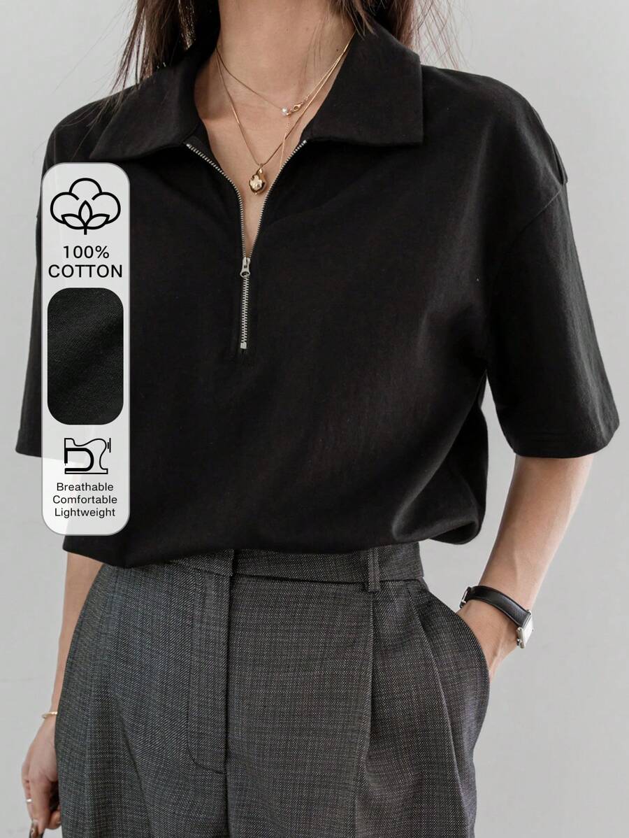 Dazy-Less Women's Casual Business Partial Button-Front Polo Collar Loose Short Sleeve T-Shirt ...