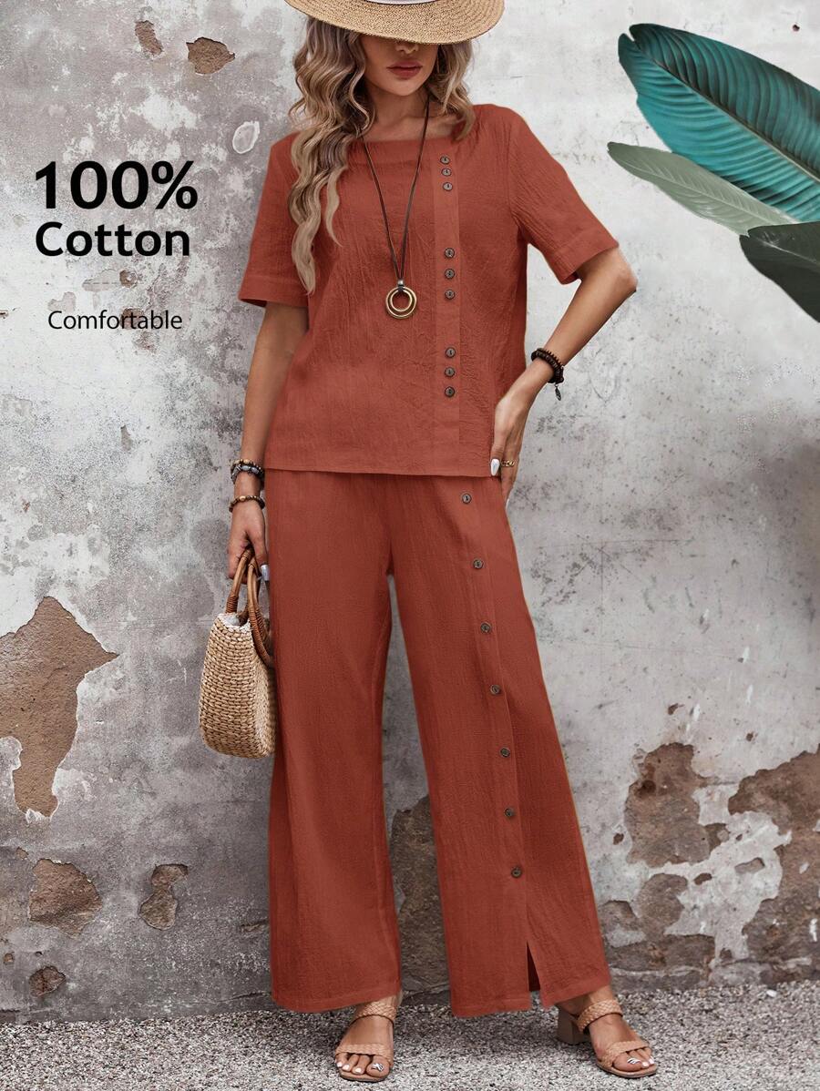 EMERY ROSE Women's Solid Color Short Sleeve & Pants Set, Casual ...