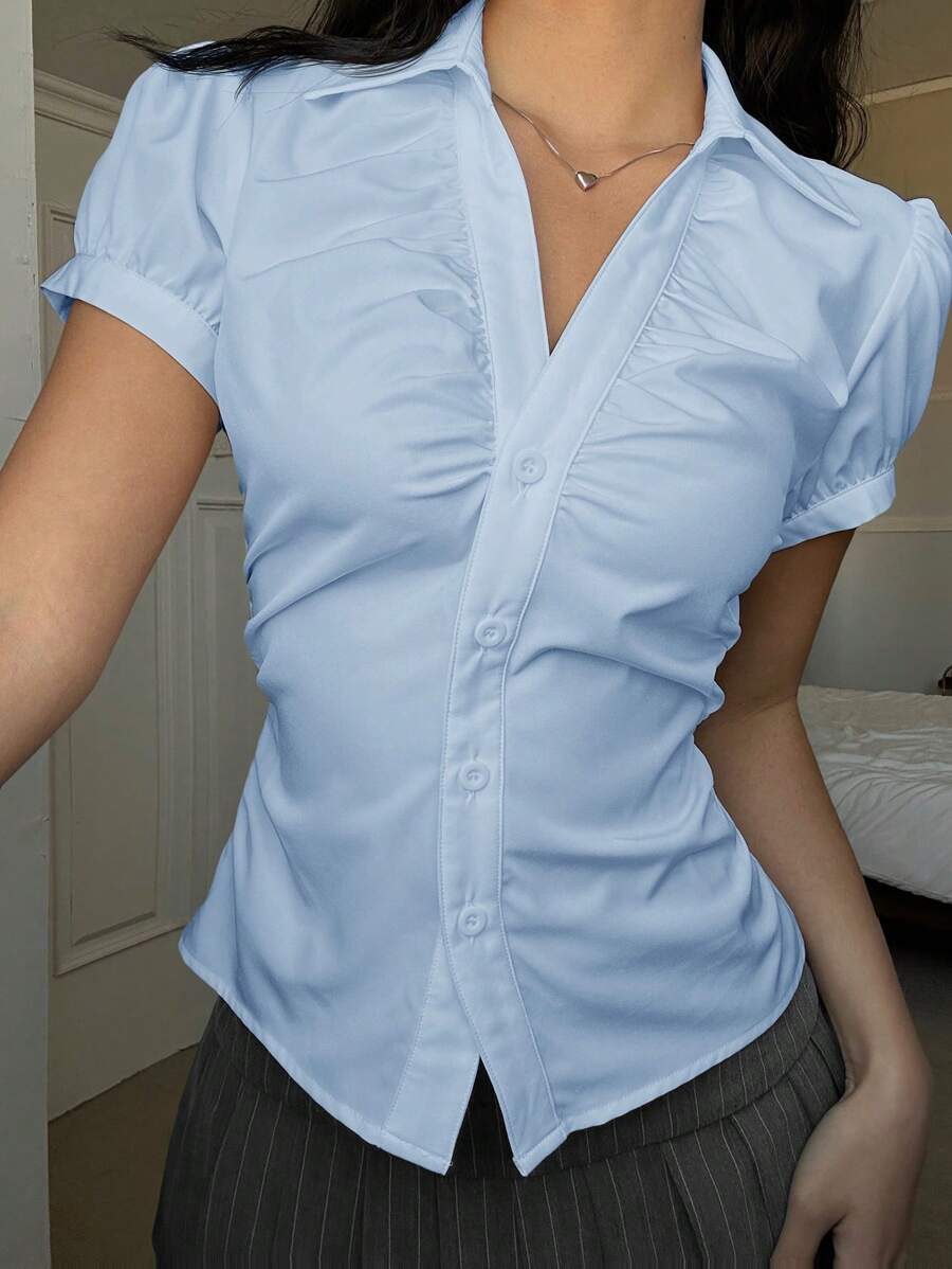 SHEIN EZwear Women's Lightweight Slim-Fit Light Blue Woven Blouse ...