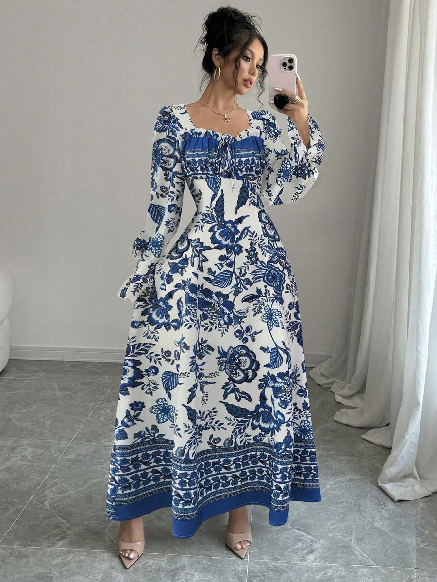 Calvaya Elegant Floral Print Square Neck Dress With Ruffle Trim, Ruffle Sleeve, Pearl Button ...