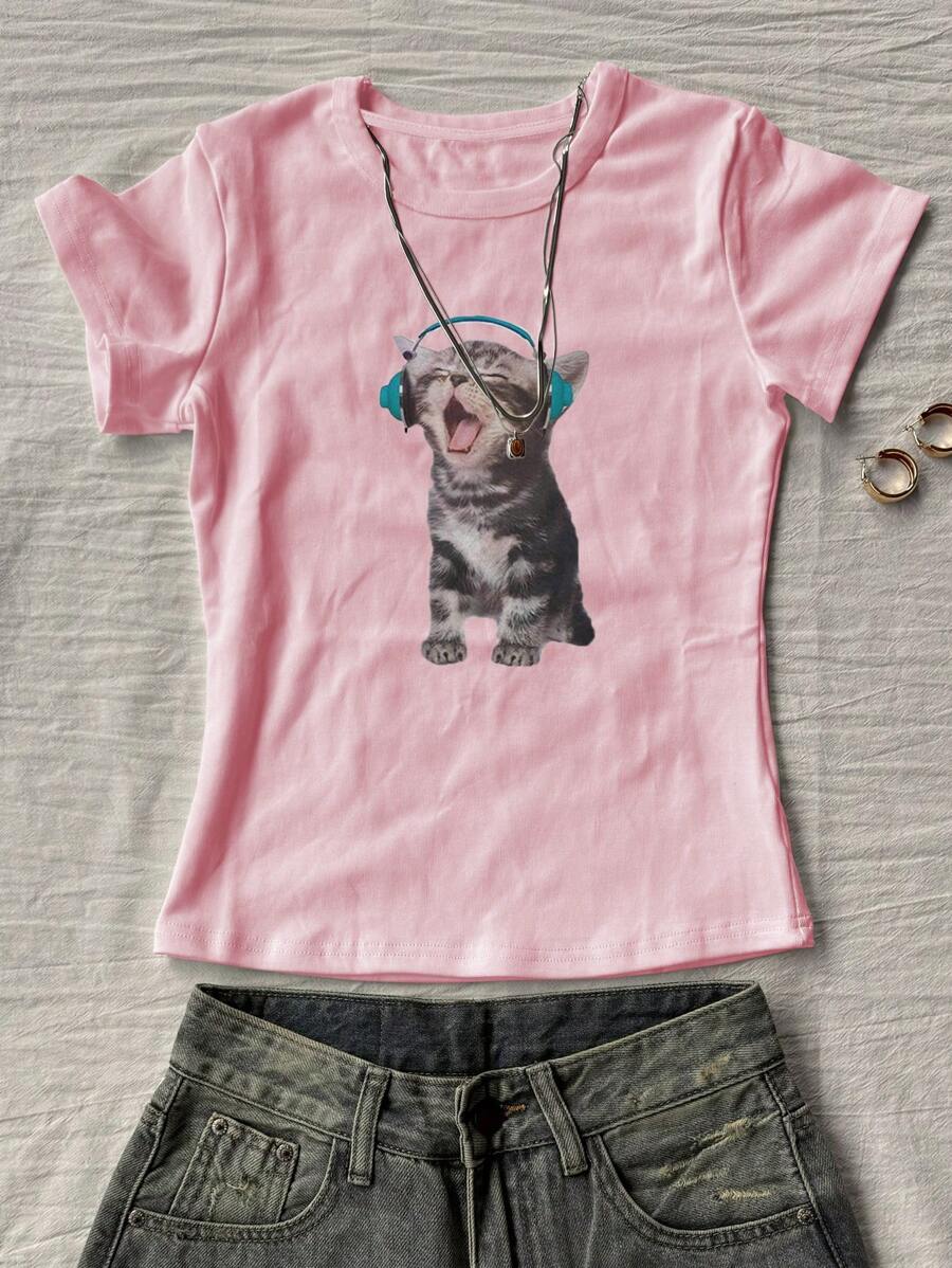 SHEIN Women Regular Fit Cat Print Short Sleeve Crew Neck T-Shirt ...