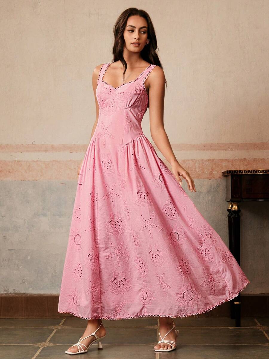 Anewsta Women Elegant Embroidered Lace Hollow-Out Sleeveless Dress, Suitable For Spring, Summer ...