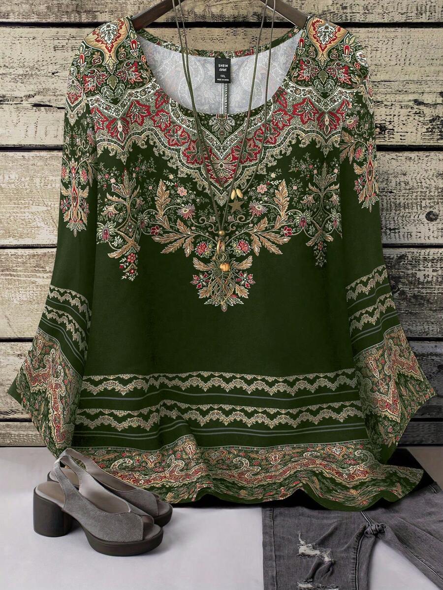 EMERY ROSE Plus Size Elegant Floral Print Casual Versatile Black Shirt ...