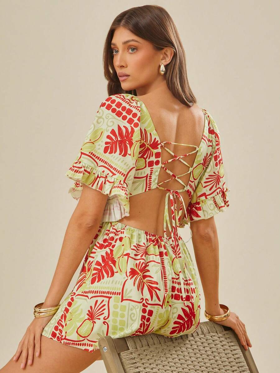 L'Amorae Women's Printed Tropical Romper With Front Cut-Out | SHEIN USA