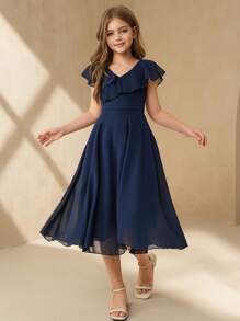 SHEIN Tween Girl Elegant Minimalist Stylish V-Neck Ruffle Collar ...