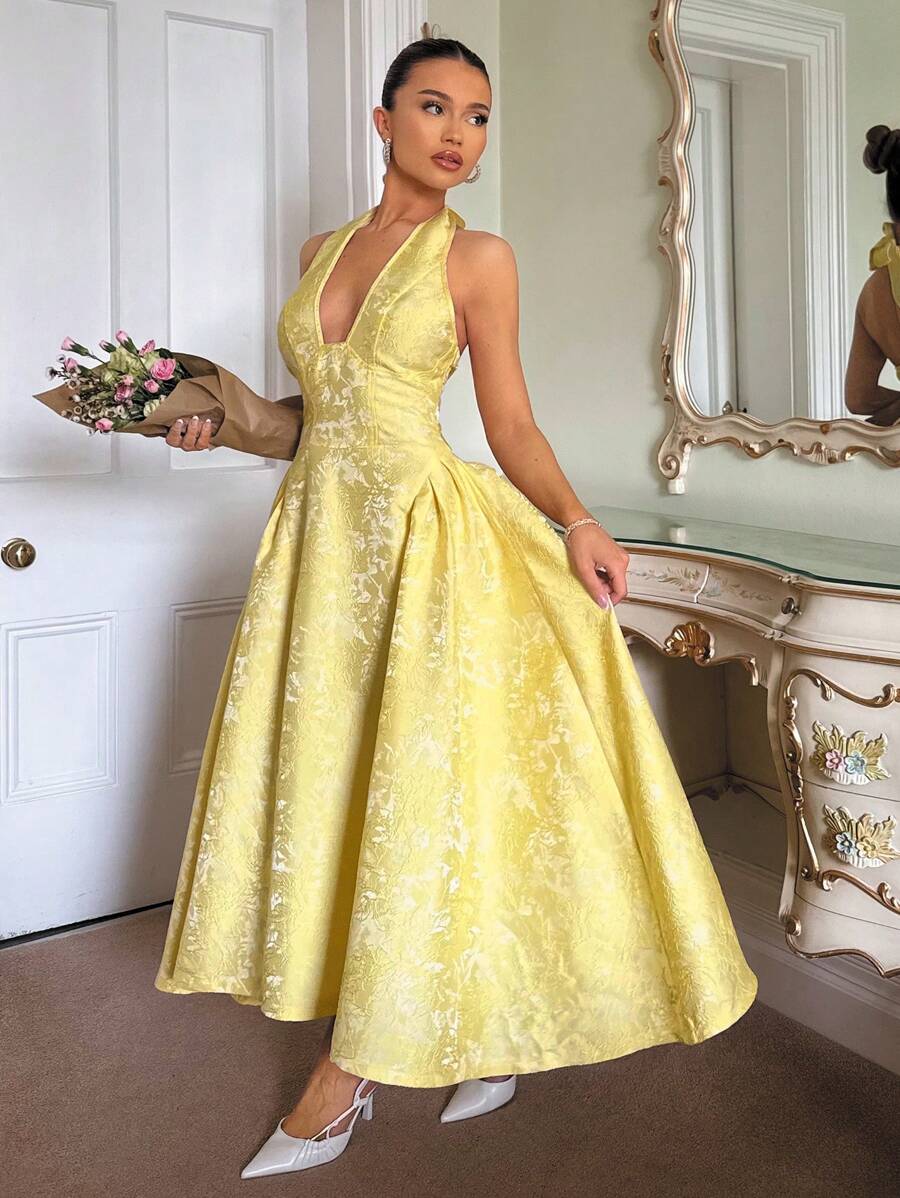 Glamine Retro 3D Embossed Floral V-Neck Sleeveless Flare Dress For ...