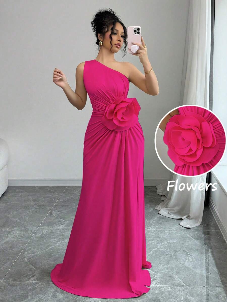 Rafferiza Women Oblique Shoulder Floral Embellished Extra Long Dress ...