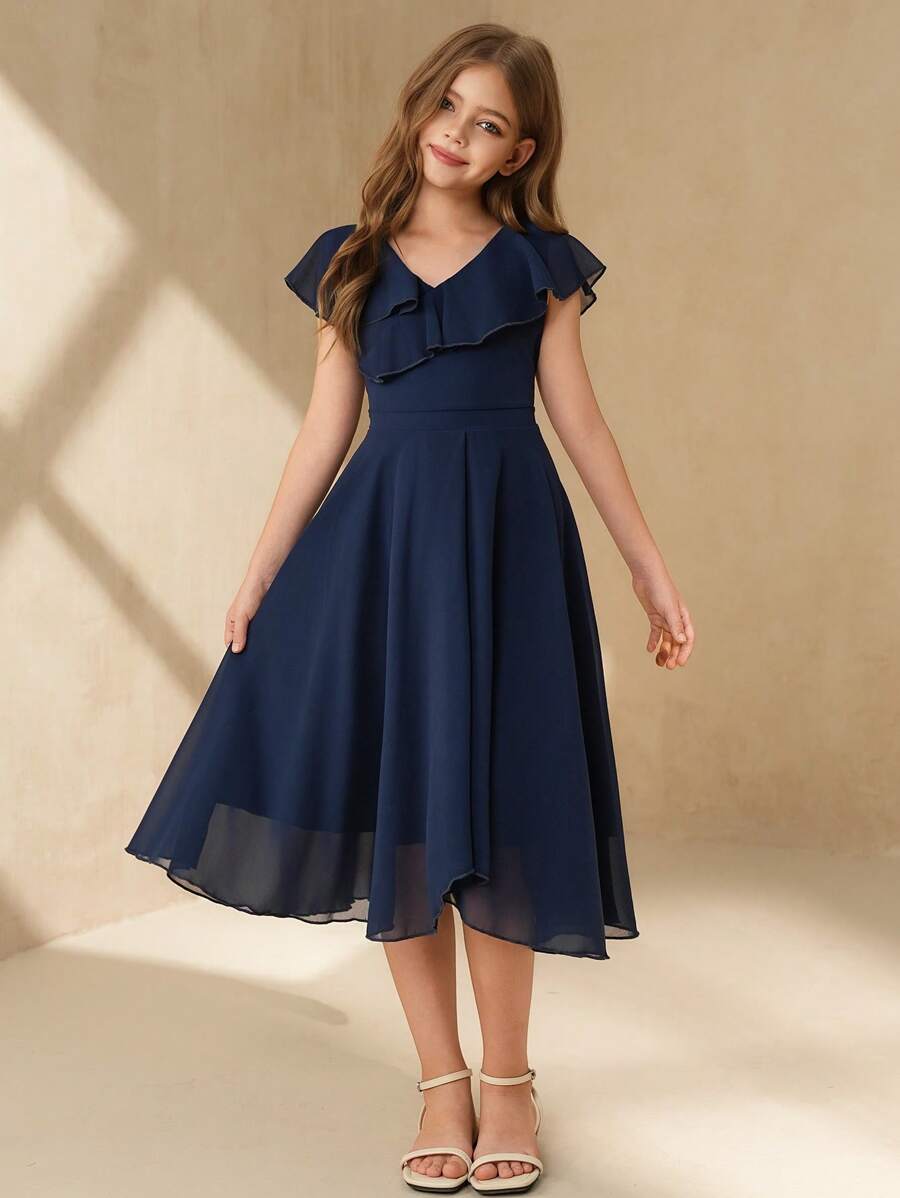 SHEIN Tween Girl Elegant Minimalist Stylish V-Neck Ruffle Collar ...
