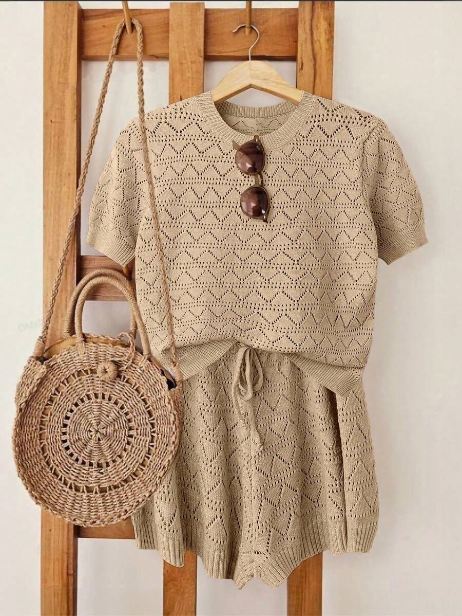 Breezaya 2pcs/Set Women Solid Color Round Neck Short Sleeve Hollow-Out ...