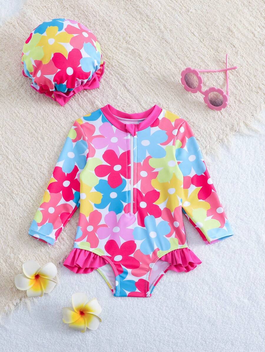 SHEIN Baby Girl Cute Floral Print Long Sleeve Rash Guard With Sun Hat ...