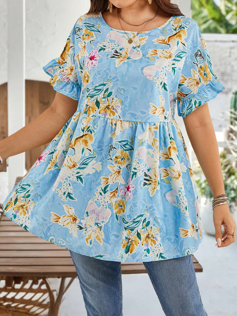 EMERY ROSE Plus Size Crew Neck Short Sleeve Floral All-Over Print ...