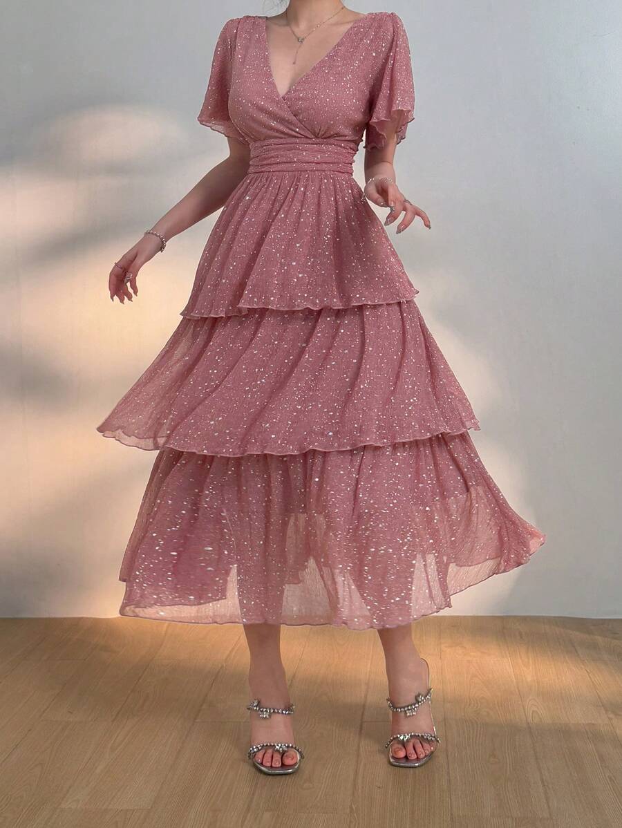 DAZY Elegant Sequin V-Neck Ruffle Sleeve Mid-Length Dress For Wedding ...