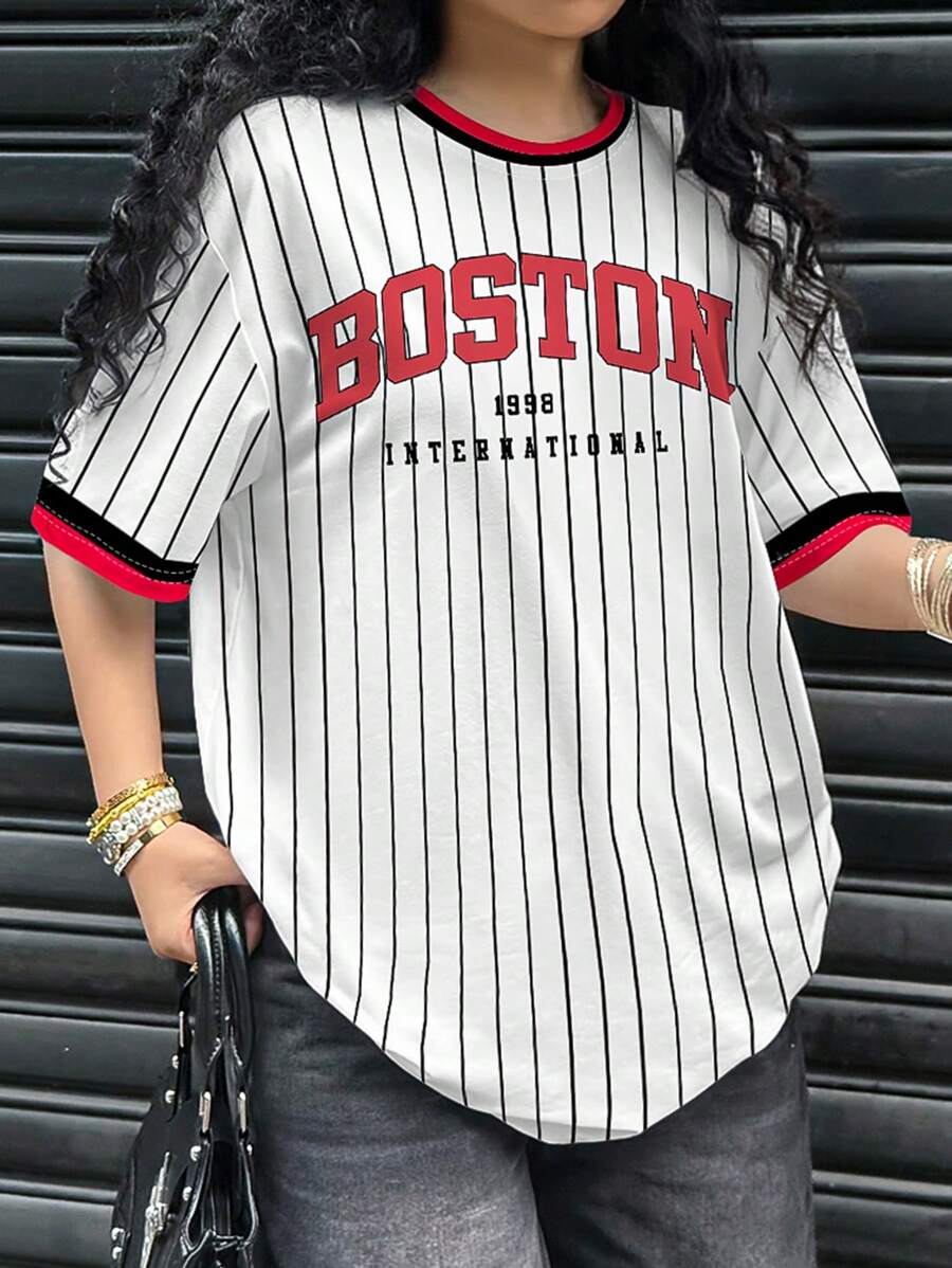 Boston Graphic Print Color Block Striped Mid-Length T-Shirt, Sporty ...