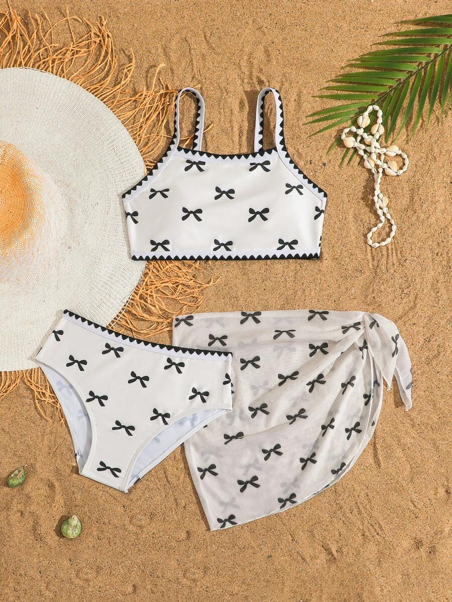 SHEIN Tween Girls 3pcs Bow Printed Bikini Set And Side Tie Swim Skirt ...