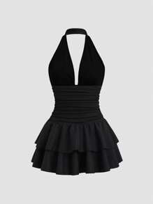 SHEIN Tall Black Ribbed Weave Fabric Splice Deep V Halter Backless ...