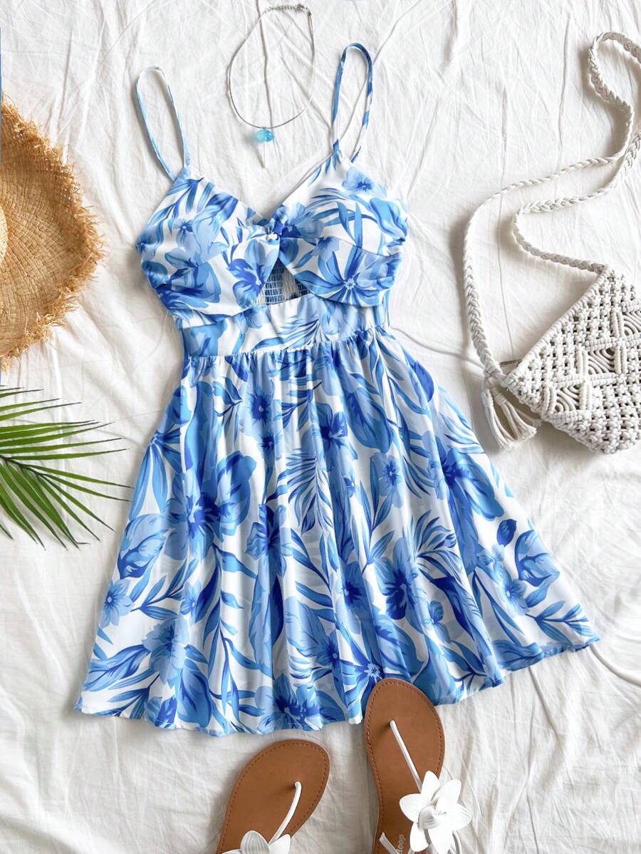 Soleia Women's Spaghetti Strap Twist Hollow Waist A-Line Mini Dress ...