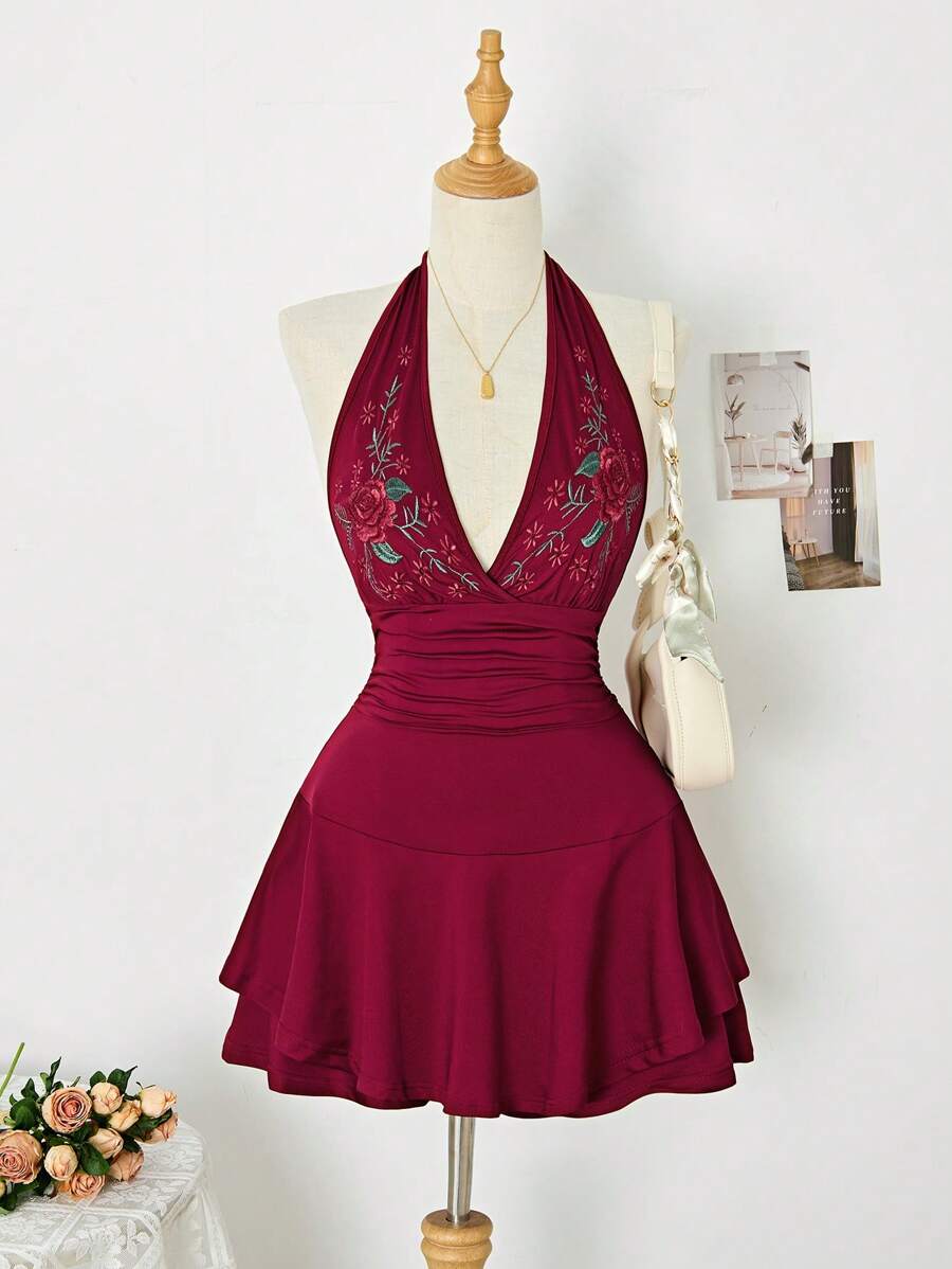 Flirla Women's Bohemian Embroidered Red Deep V-Neck Low Cut Slim Short ...