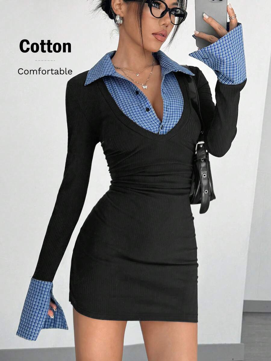 SHEIN EZwear College Style Plaid Splicing Look Sleeveless Mini Dress ...