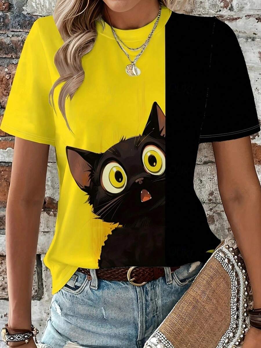 SHEIN Women's Cat Graphic Print Short Sleeve Round Neck T-Shirt, Casual ...