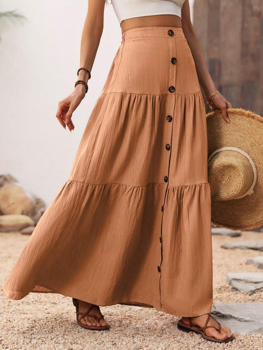 Breezaya Solid Color Front Button Maxi Skirt Vacation Beach Fall Cloth ...
