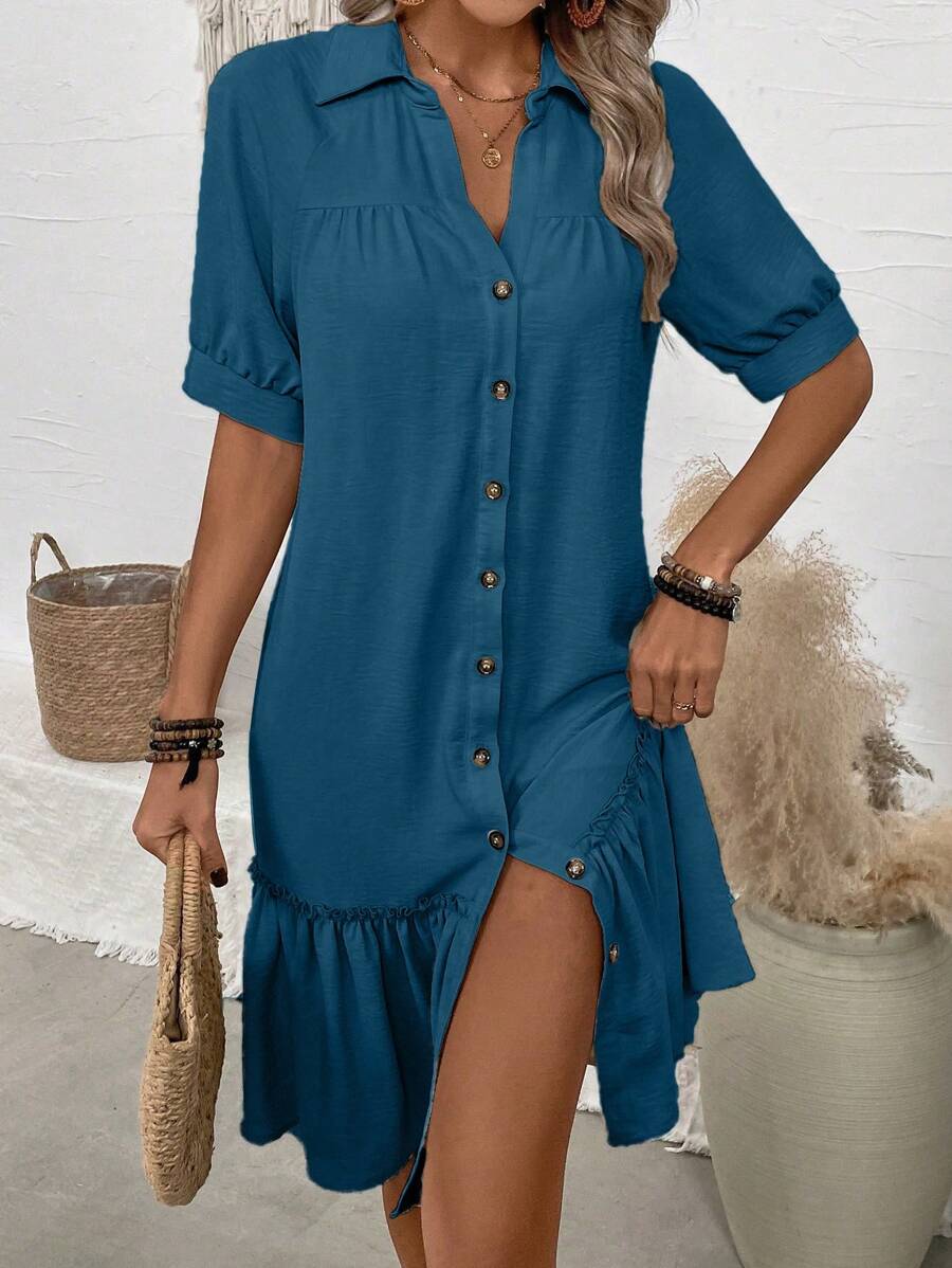 SHEIN LUNE Solid Color Turn-Down Collar Button Up Dress With Ruffle Hem ...