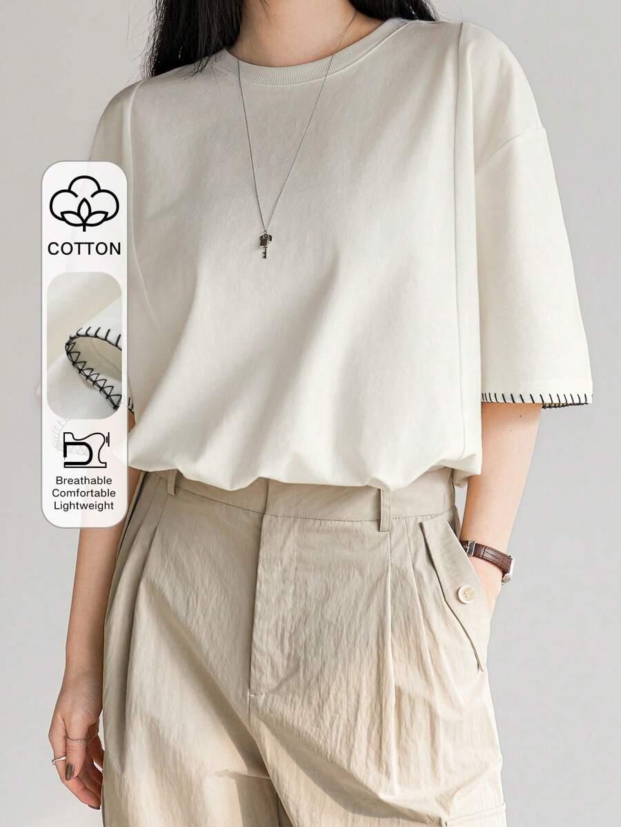 Dazy-Less Line Decor Contrast Color Short Sleeve Loose Women T-Shirt Old Money Style,Business ...