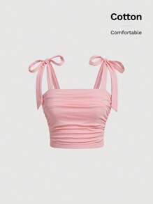 SHEIN x Marika Sila SHEIN MOD Solid Tie Shoulder Ruched Wide Strap Slim ...