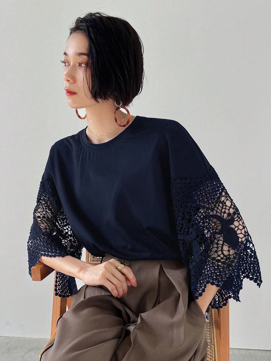 FRIFUL Women's Lace Patchwork T-Shirt, Fashionable For Summer | SHEIN USA