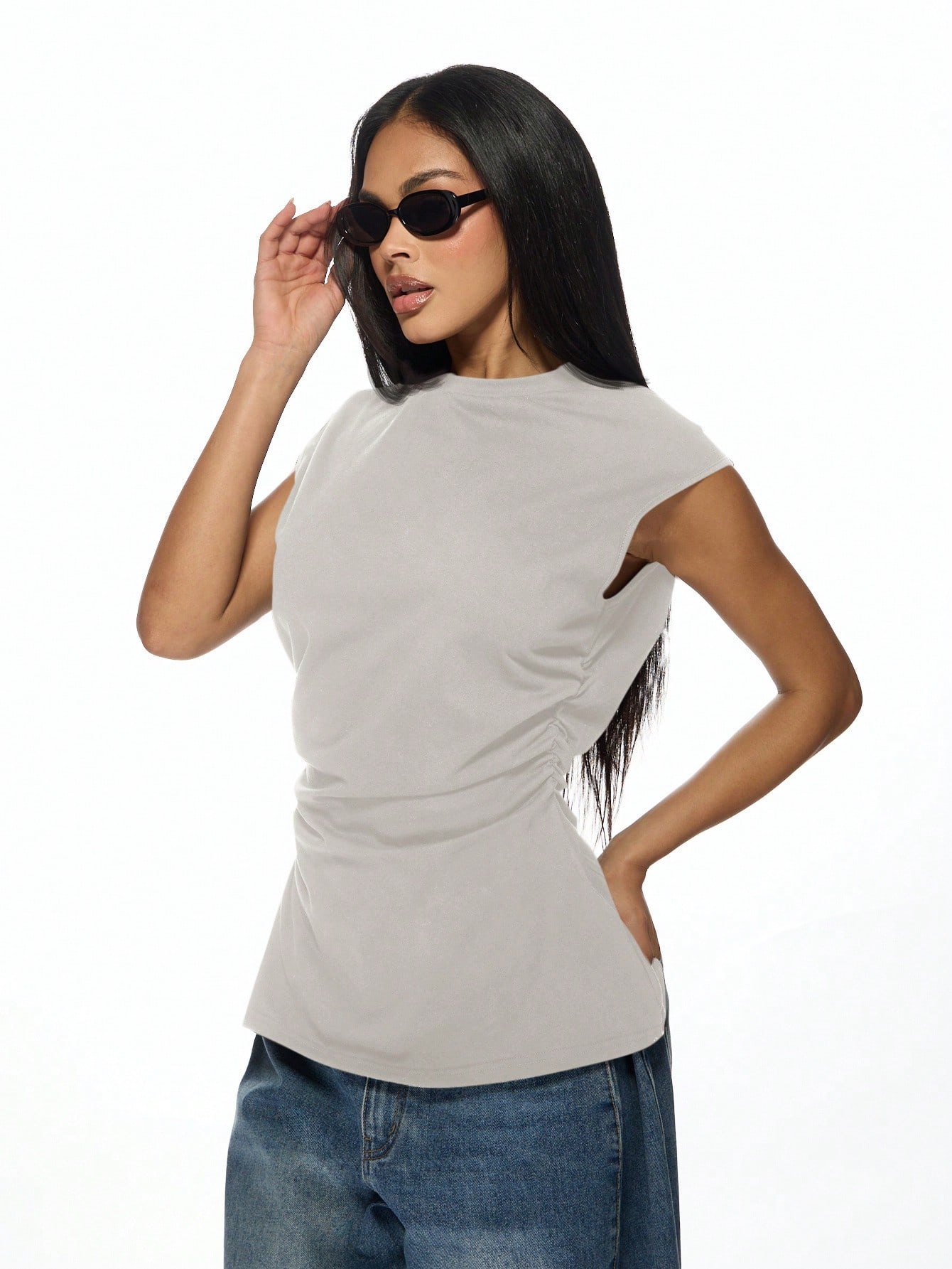 Sleeveless Ruched Side Tank Top Summer Basic Minimalist Athletic Chic ...