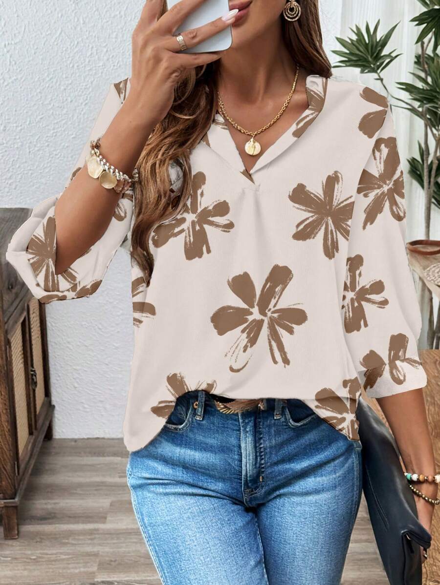 SHEIN LUNE Women's Casual Floral Print Blouse, Minimalist Design For ...