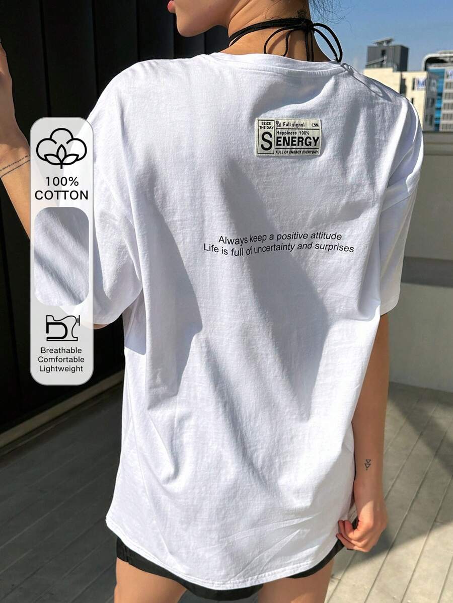 DAZY Slogan Graphic Patched Drop Shoulder Tee SEIZE Full Signal THE DAY Happiness 100% SENERGY ...