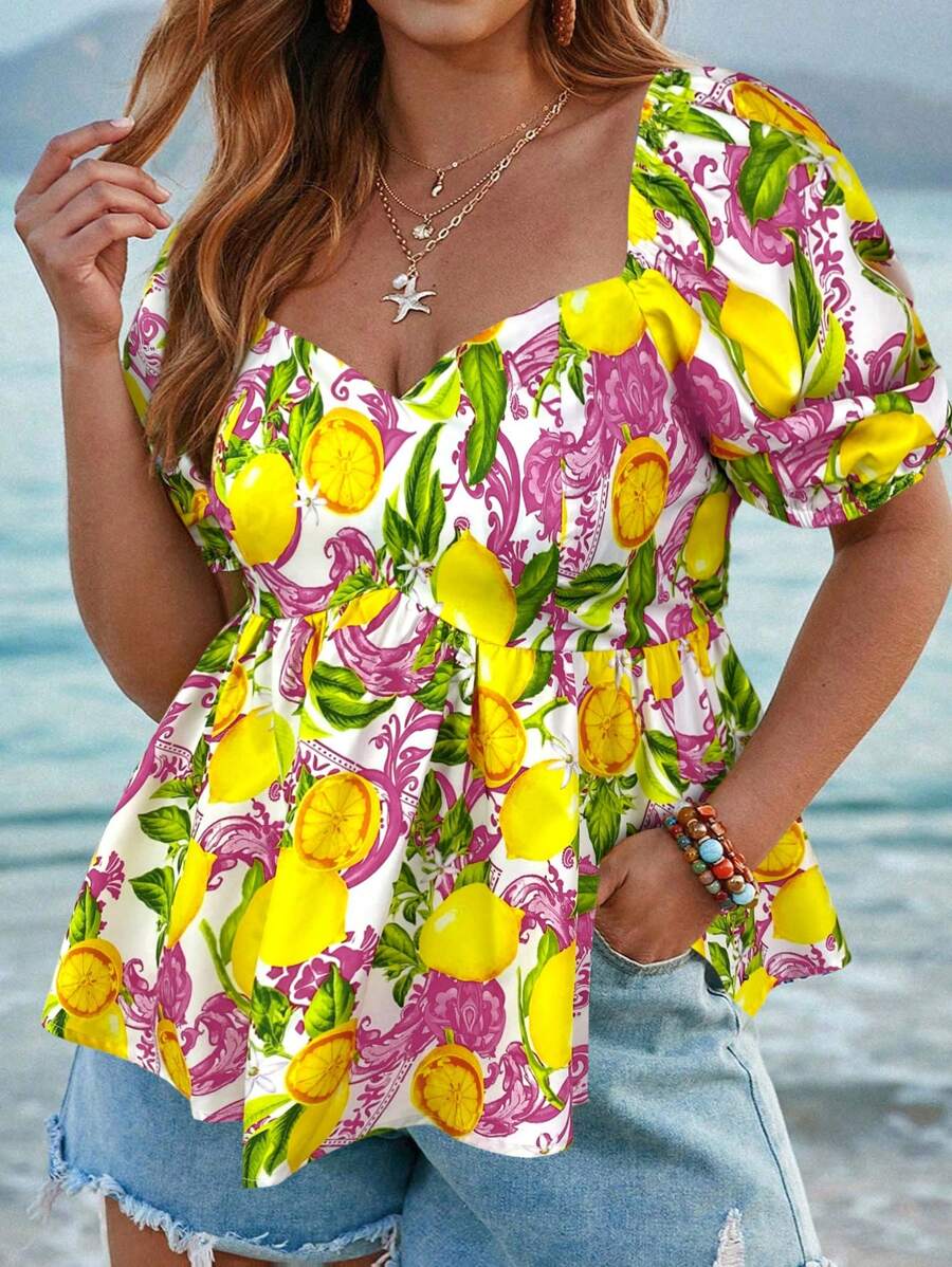SHEIN VCAY Plus Size Women's Lemon Print Lantern Sleeve Bowknot Neck ...