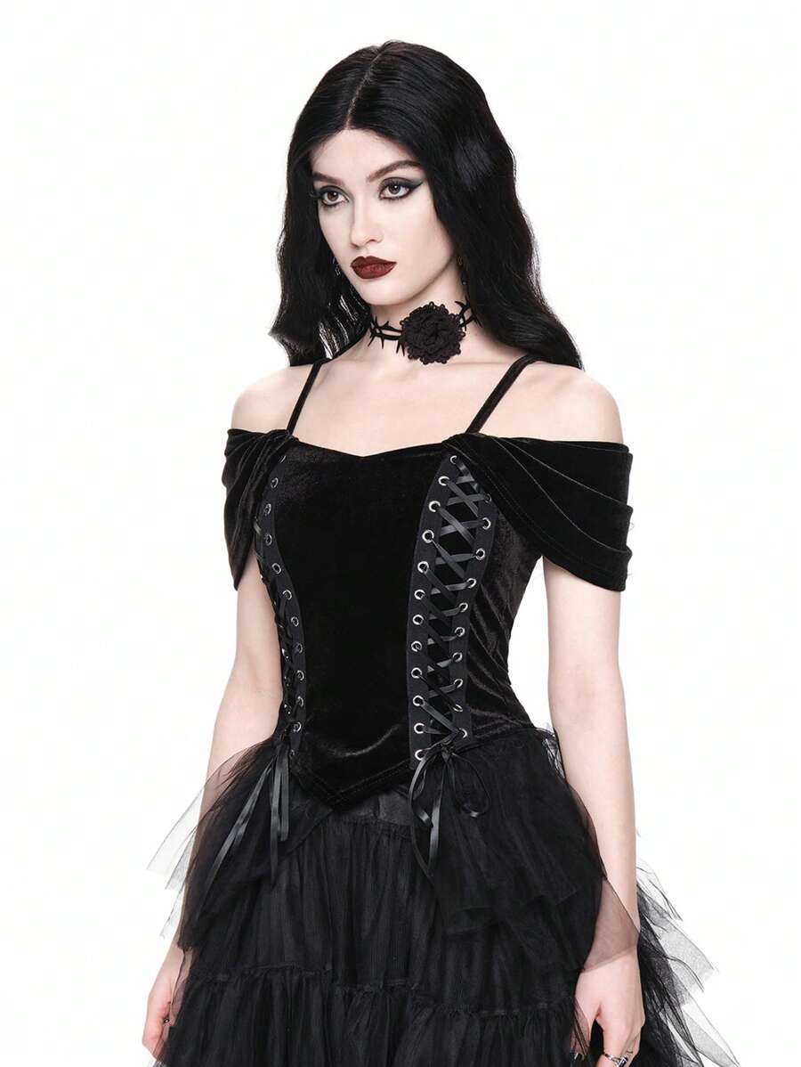 ROMWE Goth Sexy Gothic Grommet Rope Decor Women Off-Shoulder Velvet ...