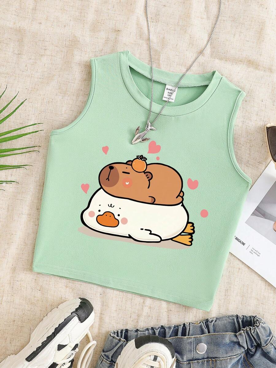 Wildeya Tween Girl Capybara & Duck Cartoon Print Green Cute Tank Tops ...
