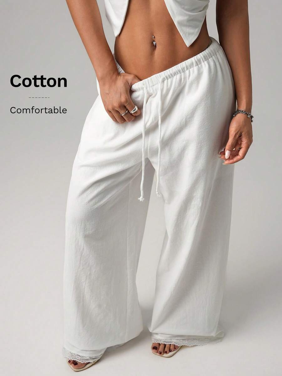 SHEIN ICON White Linen Drawstring Low Waist Contrast Lace Trim Wide Leg ...