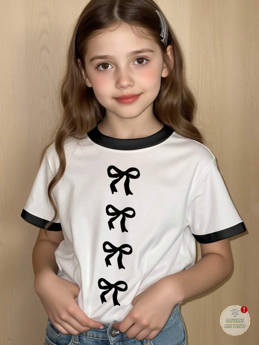 Cute Bow Print Tween Girls Casual Simple Short Sleeve Round Neck T ...