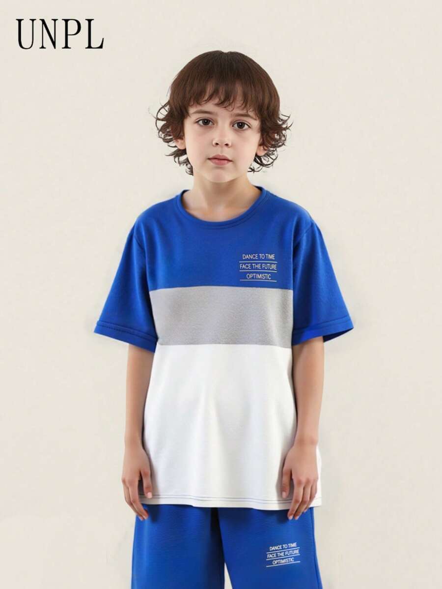 SHEIN Tween Boy Color Block Slogan Print Short Sleeve T-Shirt And ...